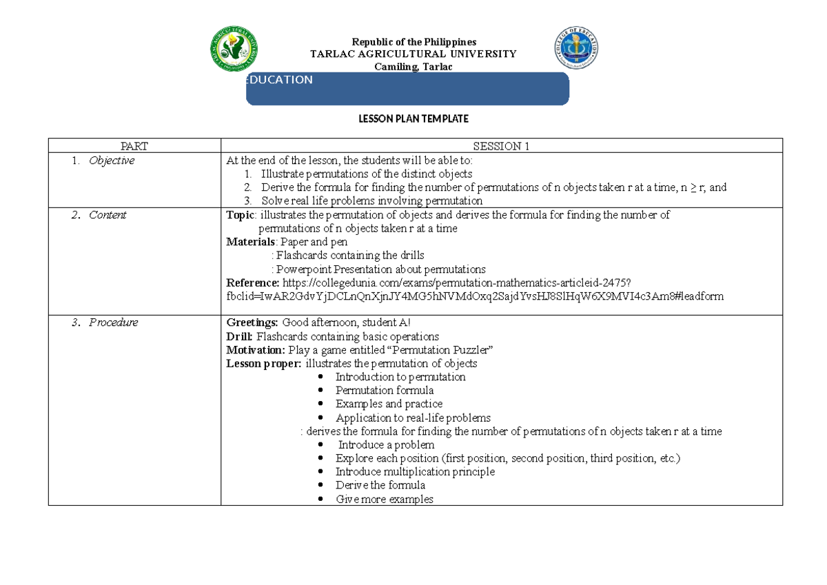 LP FOR Tutorial Session Grade 10 tutee - COLLEGE OF EDUCATION Republic ...