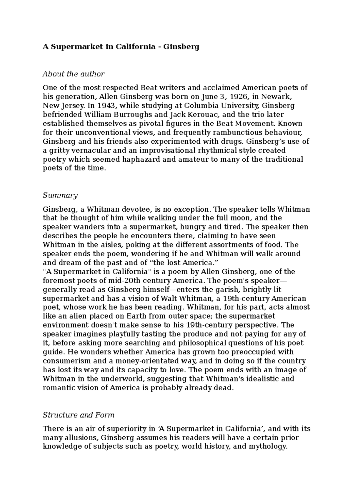 A Supermarket in California - Ginsberg - In 1943, while studying at ...