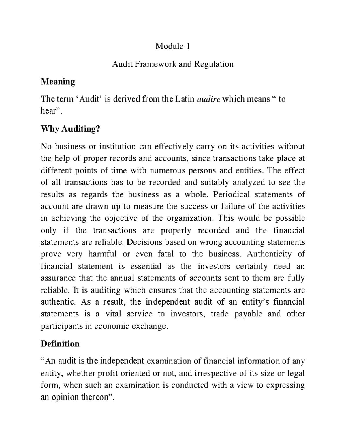 01 Module 1Notes of auditing - Module 1 Audit Framework and Regulation ...