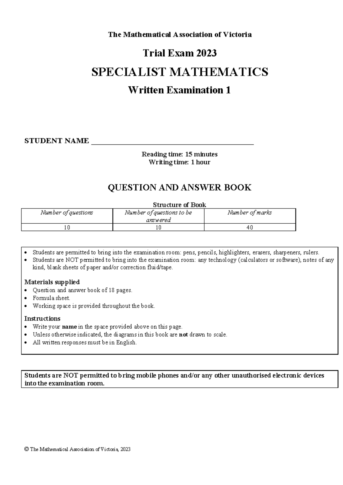 2023 MAV Specialist Maths Trial Exam 1 - The Mathematical Association ...
