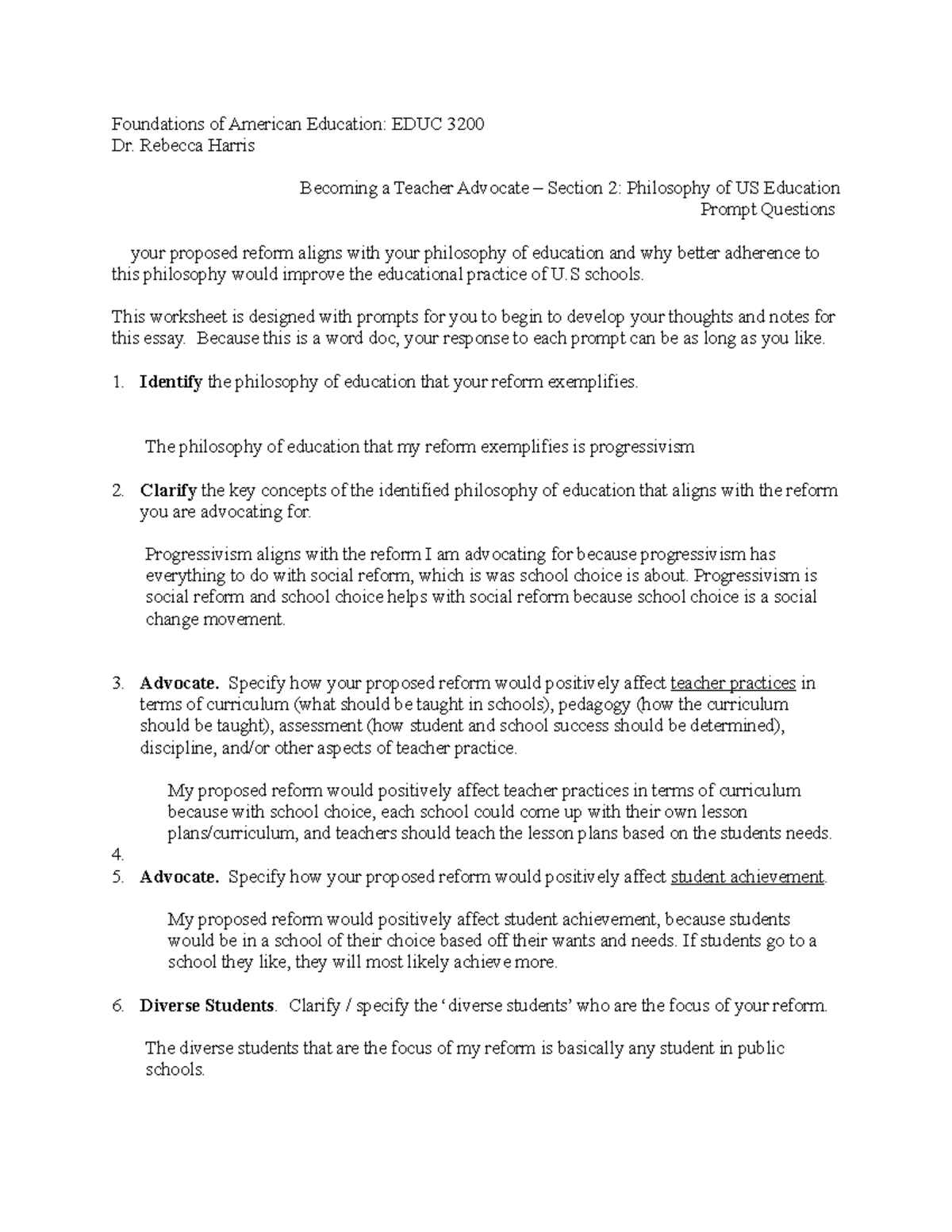 Philosophy Worksheet - Foundations of American Education: EDUC 3200 Dr ...
