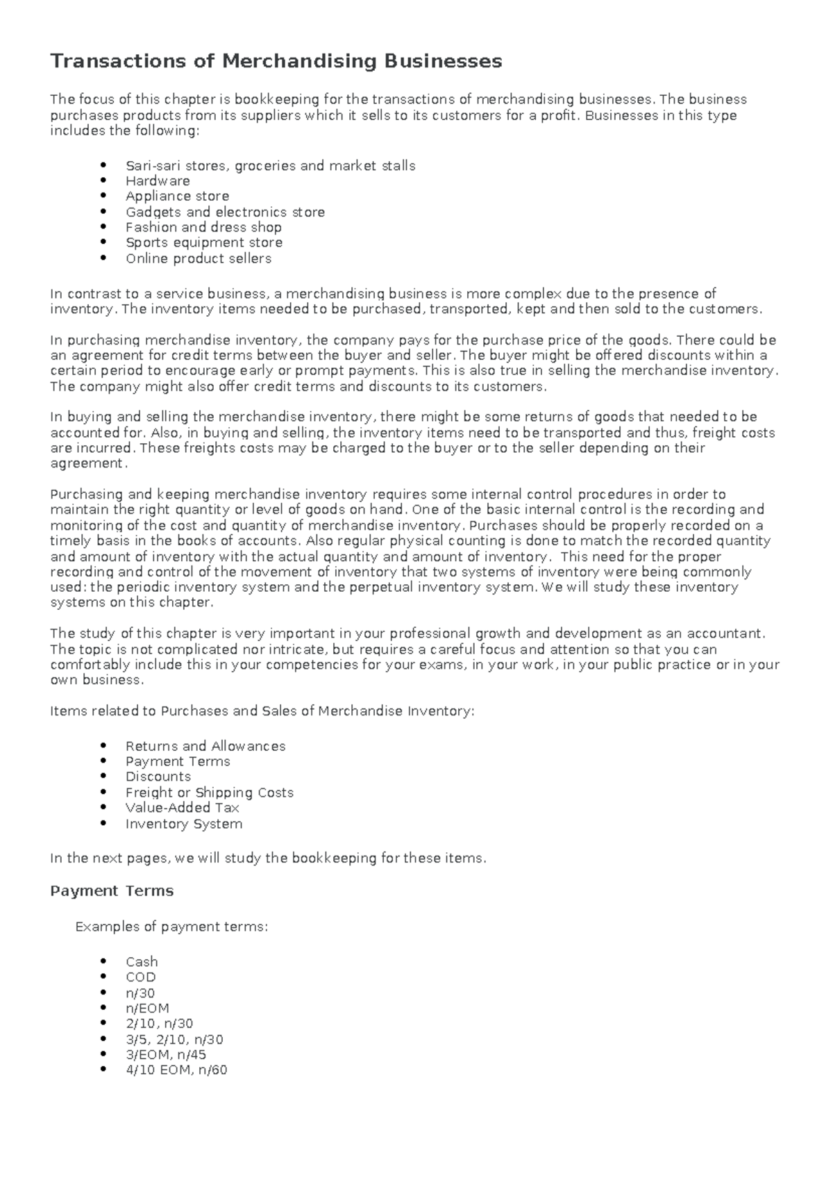 Transactions of Merchandising Businesses - The business purchases ...