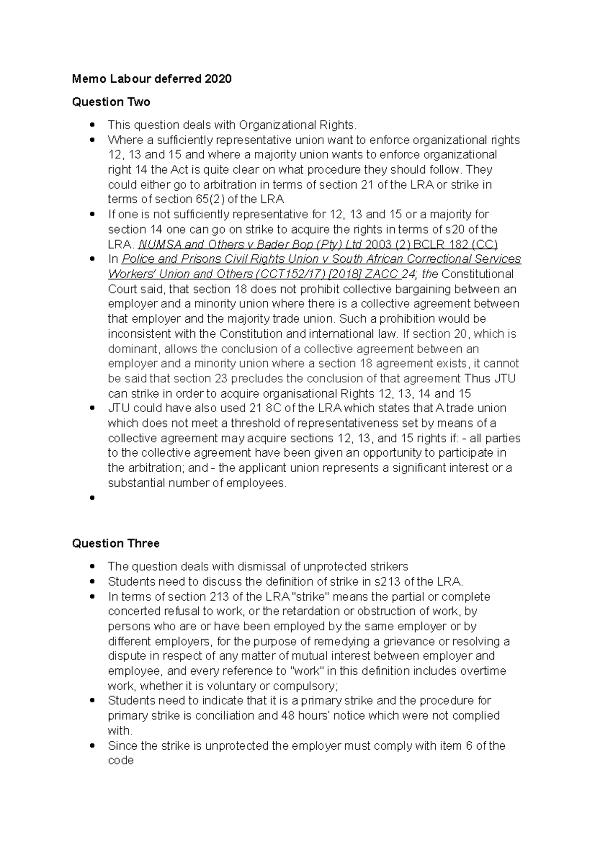 Labour exam memo 2021 - Memo Labour deferred 2020 Question Two This ...