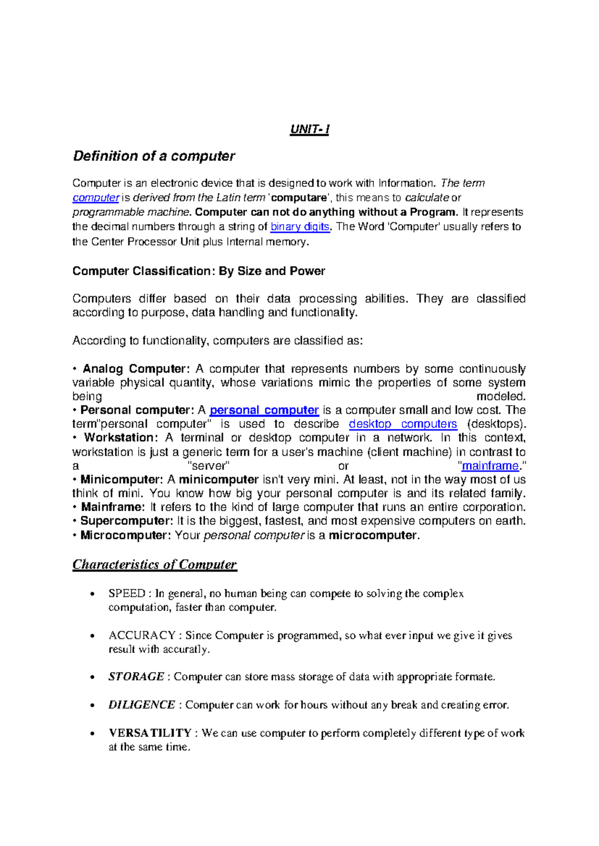 Fundamentals OF Computers (40 Marks) - UNIT- I Definition of a computer ...