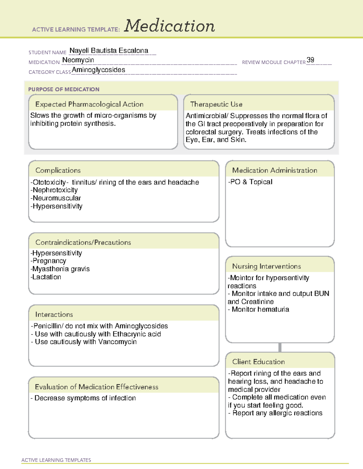 Neomycin - none - ACTIVE LEARNING TEMPLATES Medication STUDENT NAME ...