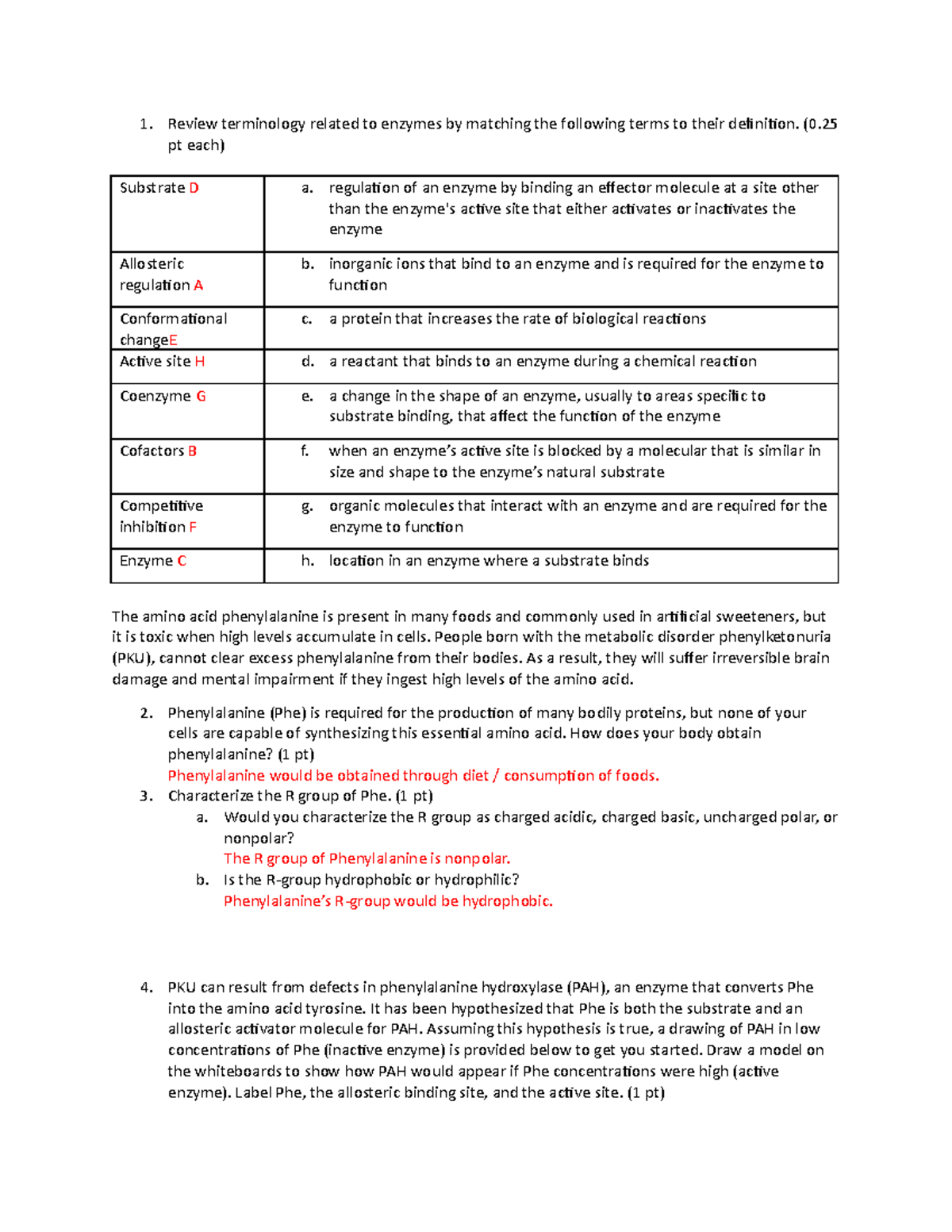 BIO160 HW - Review terminology related to enzymes by matching the ...