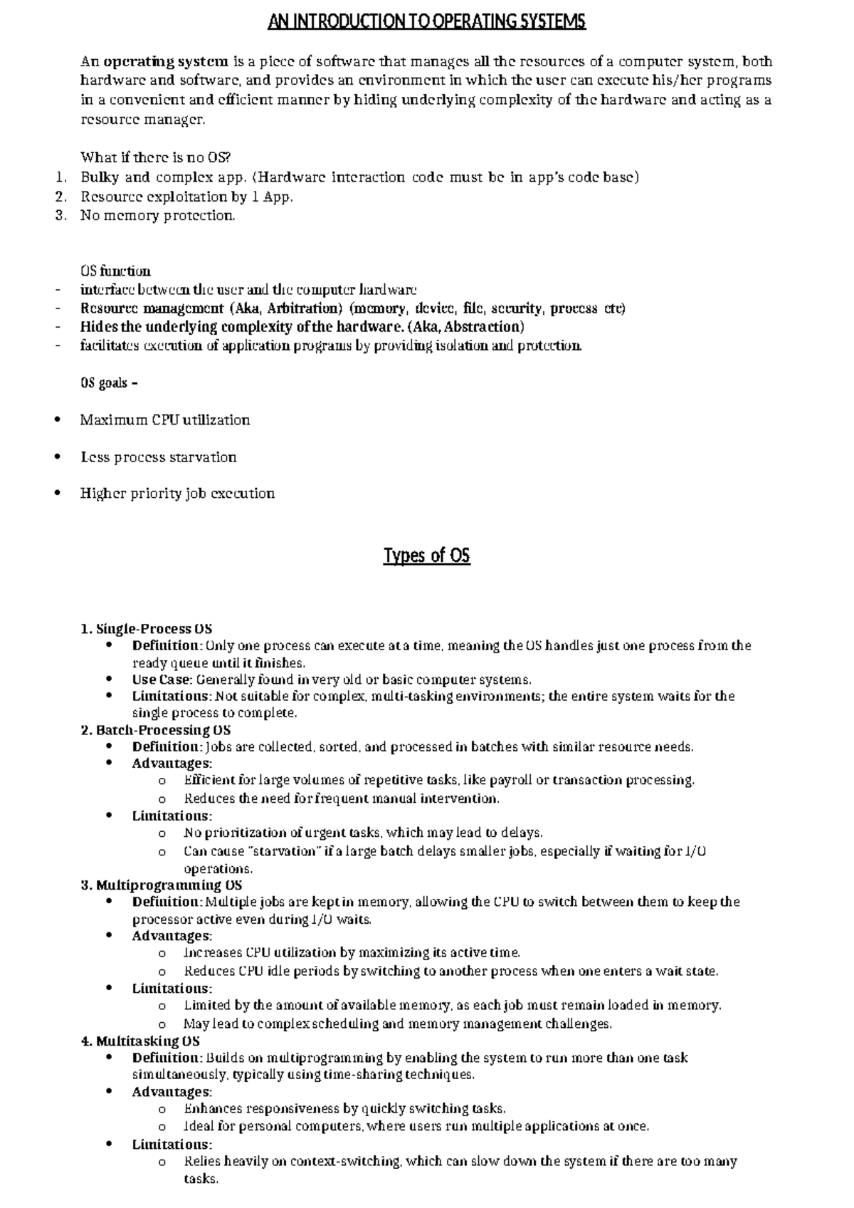 Os Notes An Introduction To Operating Systems An Operating System Is A Piece Of Software That