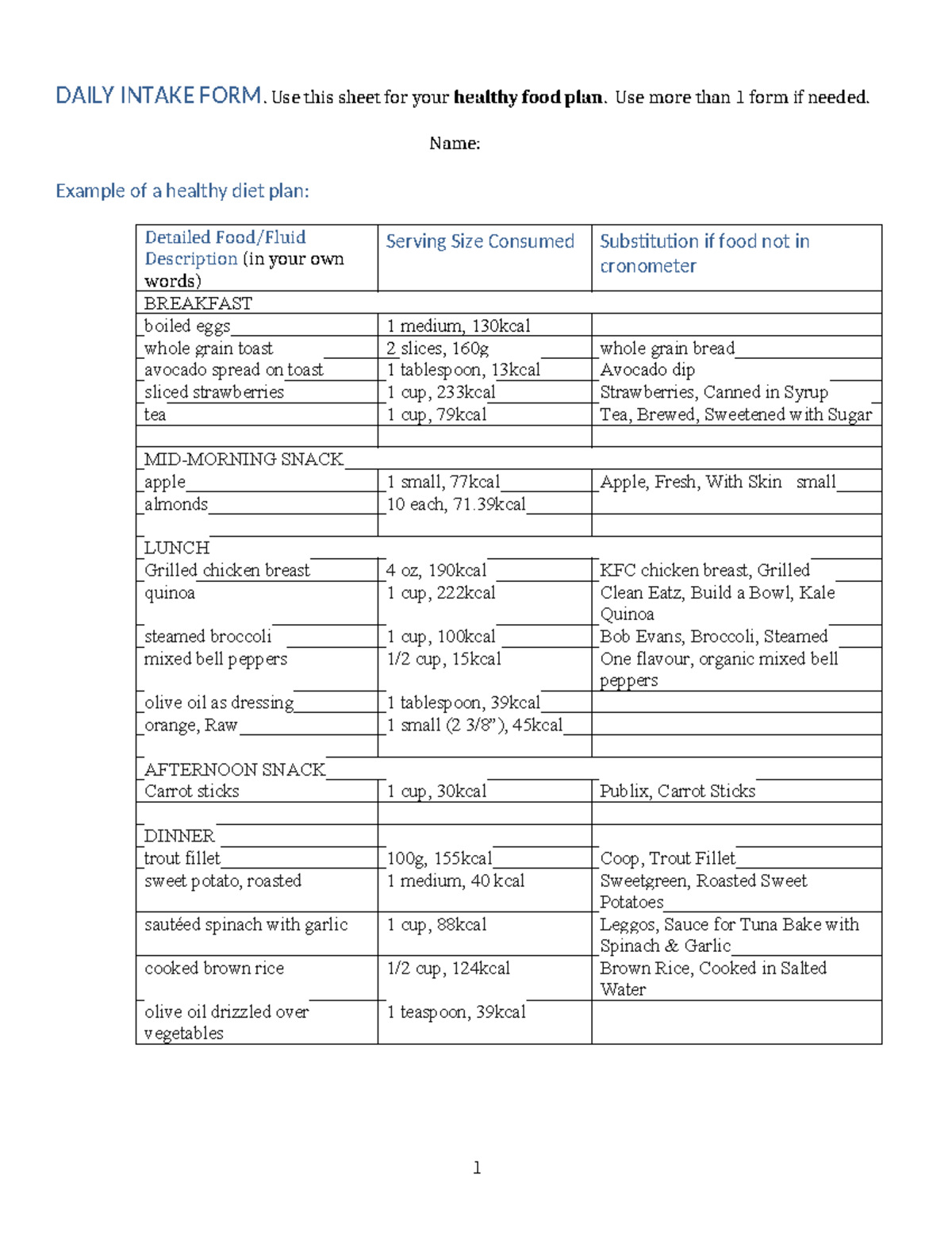 Intake-FORM - assignment about nutrition intake - DAILY INTAKE FORM. Use this sheet for your ...