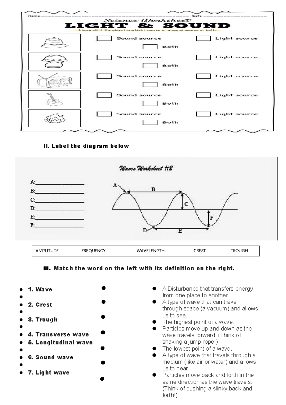 Sound and Light waves worksheet - II. Label the diagram below III ...