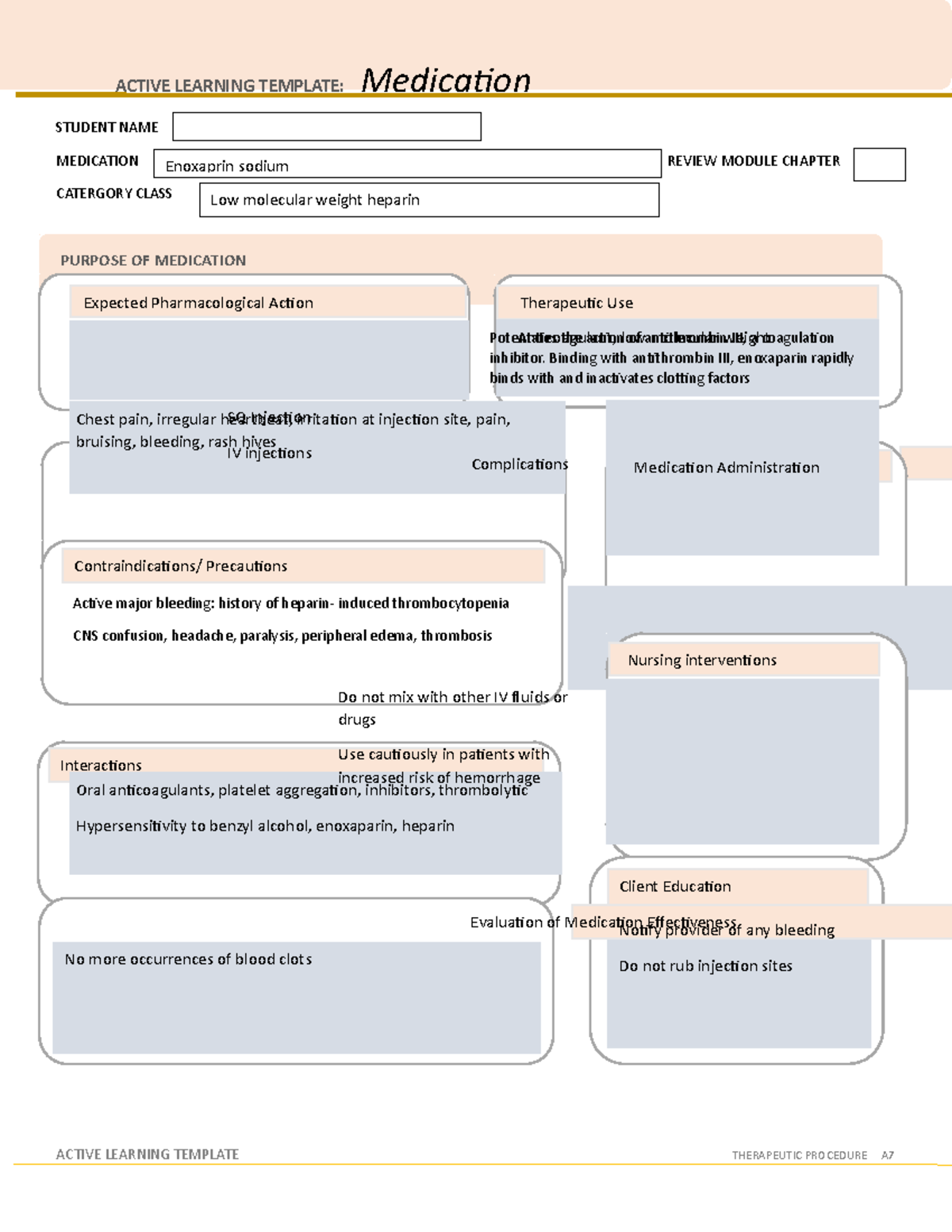 ATI Medication Template enoxaprin sodium - ACTIVE LEARNING TEMPLATE ...