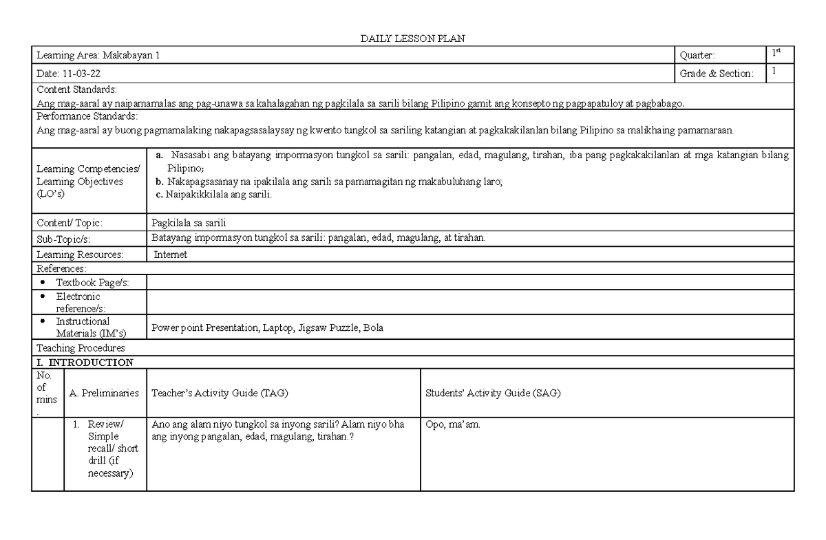 Lesson Plan Grade 1 - DAILY LESSON PLAN Learning Area: Makabayan 1 ...