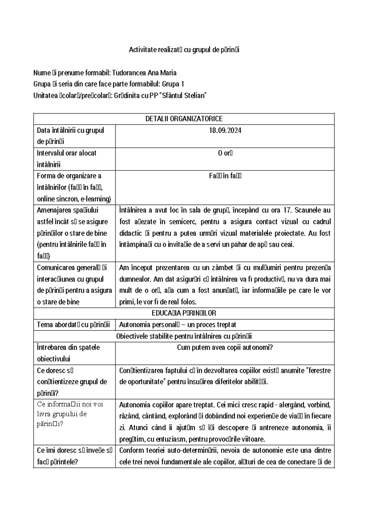 Activitate realizată cu părinții - Activitate realizată cu grupul de ...
