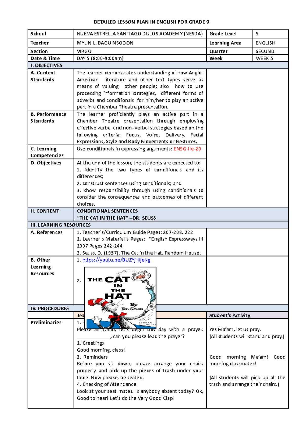 Detailed Lesson PLAN ( Conditional Sentences) - DETAILED LESSON PLAN IN ...