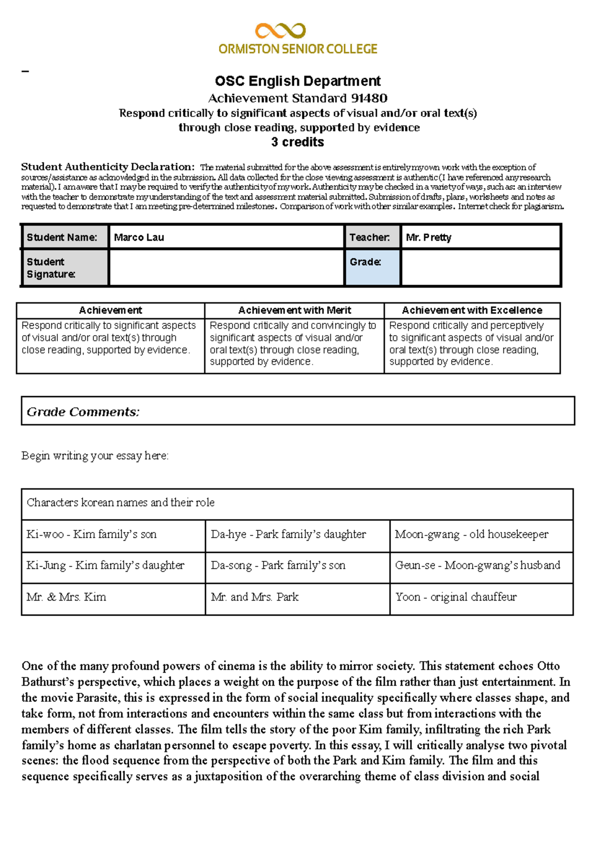 Excellence AS91107 Essay Assessment Doc + Cover Sheet - _ OSC English ...