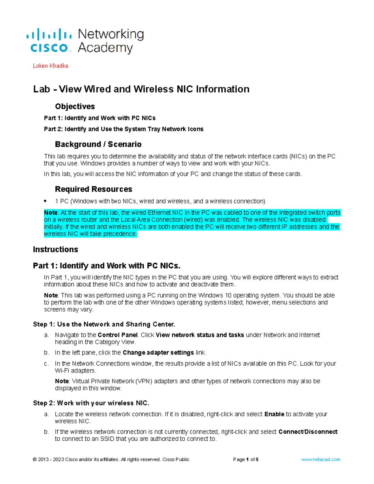 4.6.6 Lab - View Wired and Wireless NIC Information - Loken Khadka Lab ...