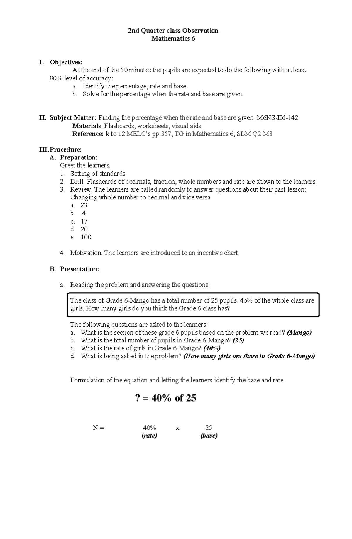 2nd Quarter class Observation - 2nd Quarter class Observation ...