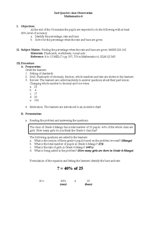 3rd Quarter Lesson Plan in Mathematics - Objectives: At the end of the ...