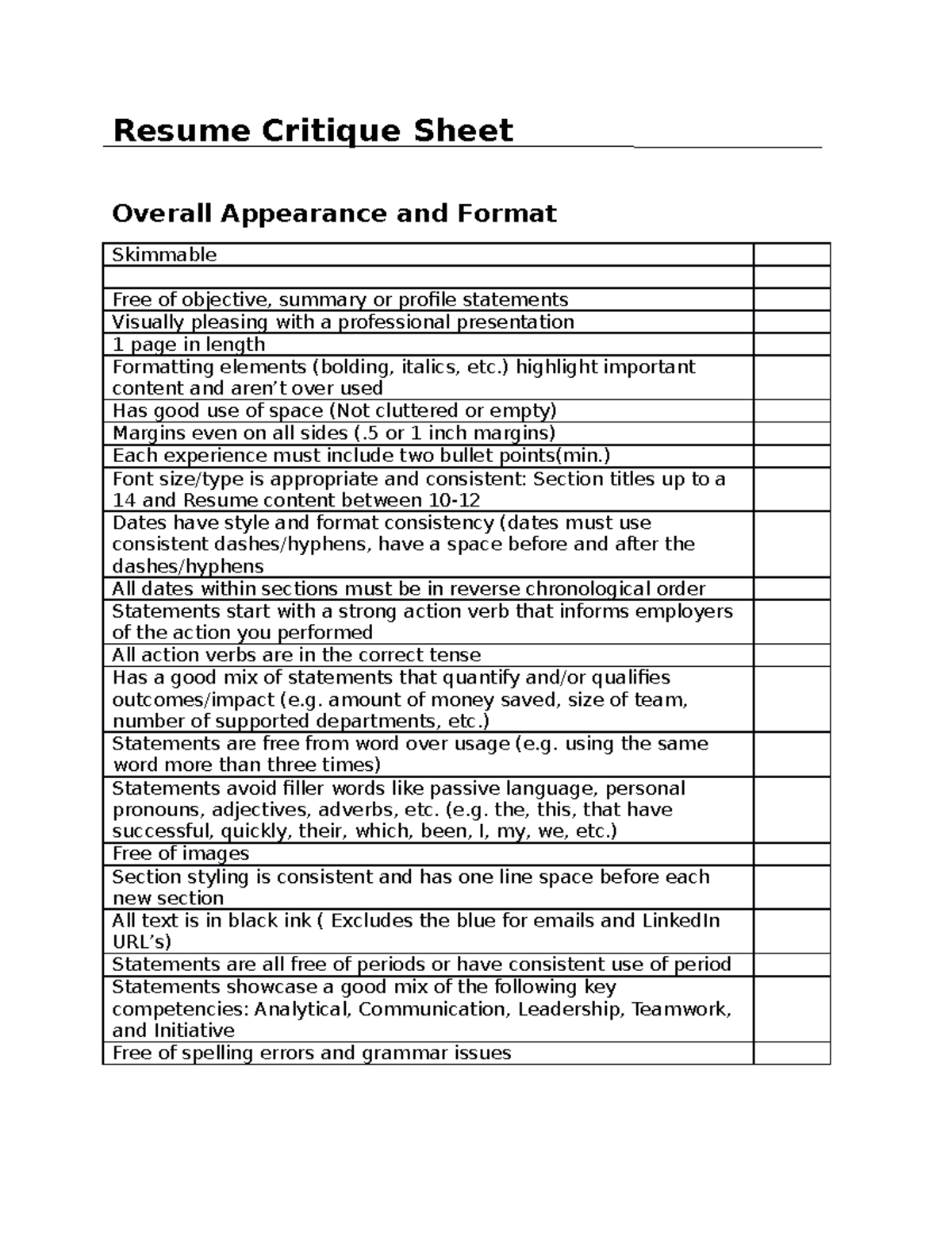 Resume Critique Sheet - with Vmock criteria - Resume Critique Sheet ...