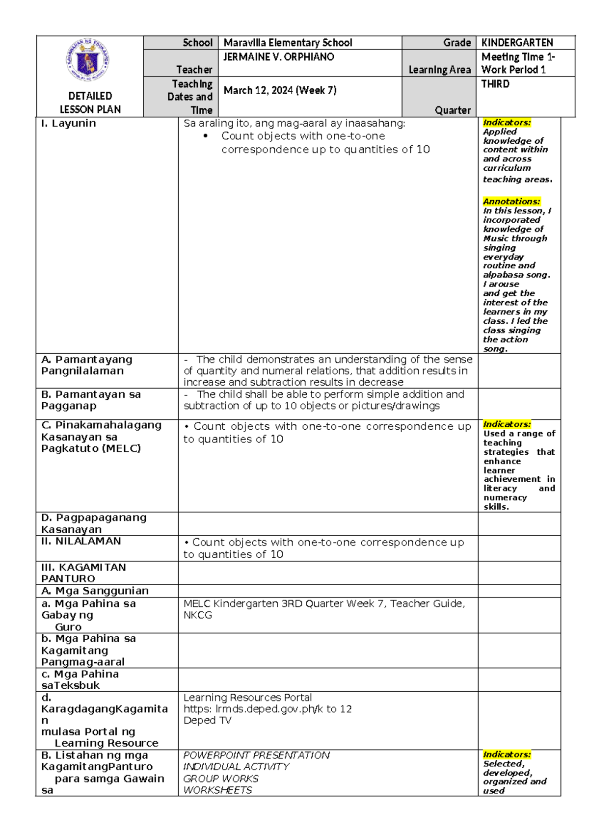 CO3Lesson Plan with Indicators and Annotations - DETAILED LESSON PLAN ...