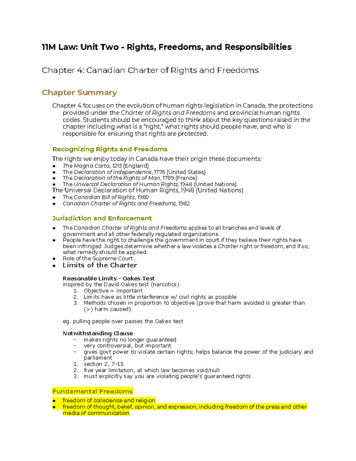Candy S LAW Notes CLU3M 1 - 11M Law: Unit Two - Rights, Freedoms, and ...