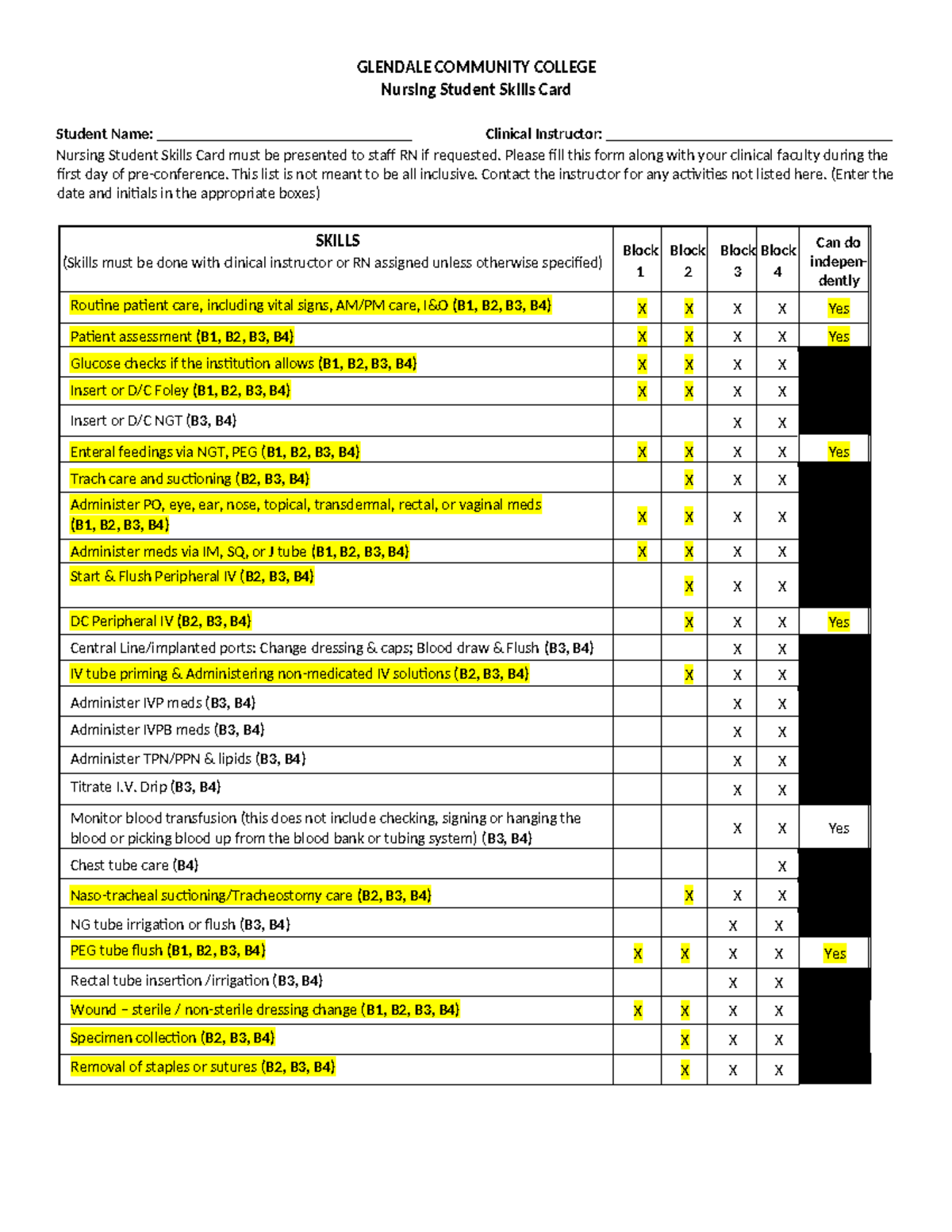 Nursing+Skills+Card+Block-MS+23 - GLENDALE COMMUNITY COLLEGE Nursing ...