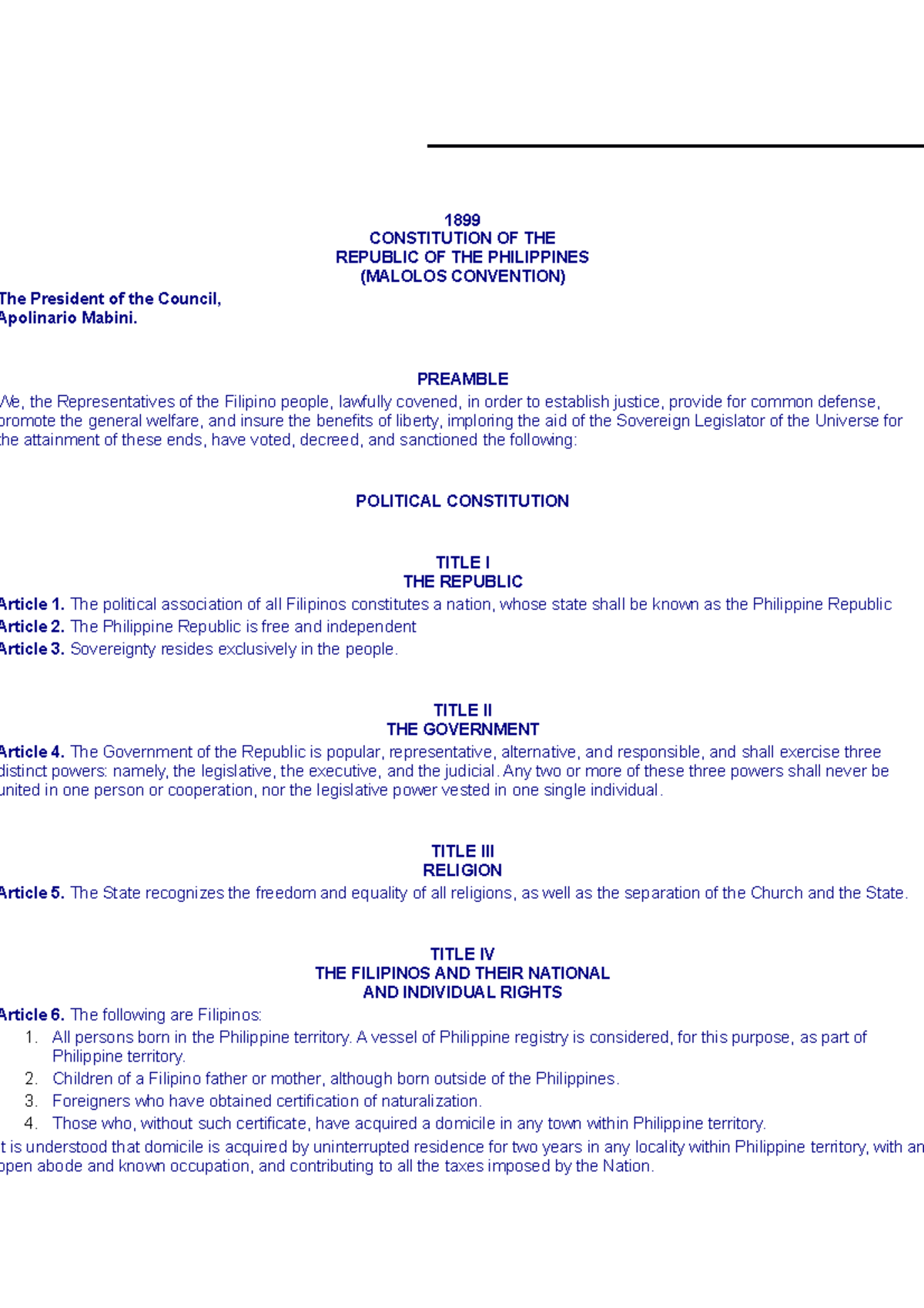 Malolos Convention - Goodluck - 1899 CONSTITUTION OF THE REPUBLIC OF ...