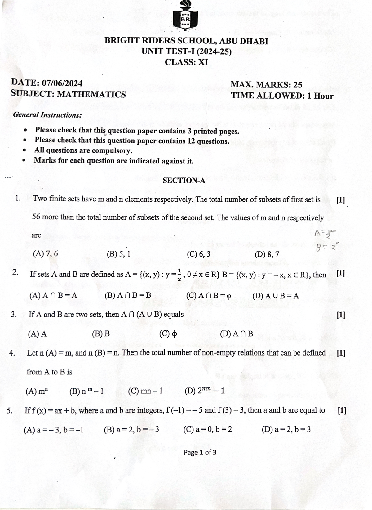 BRS XI UT1 ‘24-25 - Test Paper Grade 11 - BR BRIGHT RIDERS SCHOOL, ABU ...