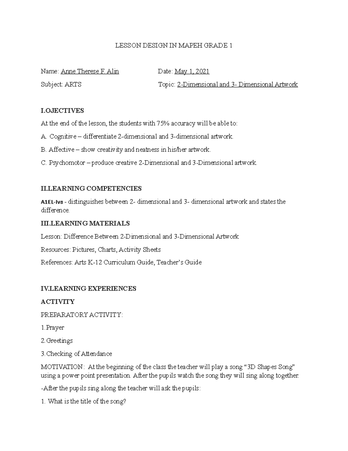 Lesson Plan In Mapeh Grade 8 Lesson Plan Performing Arts