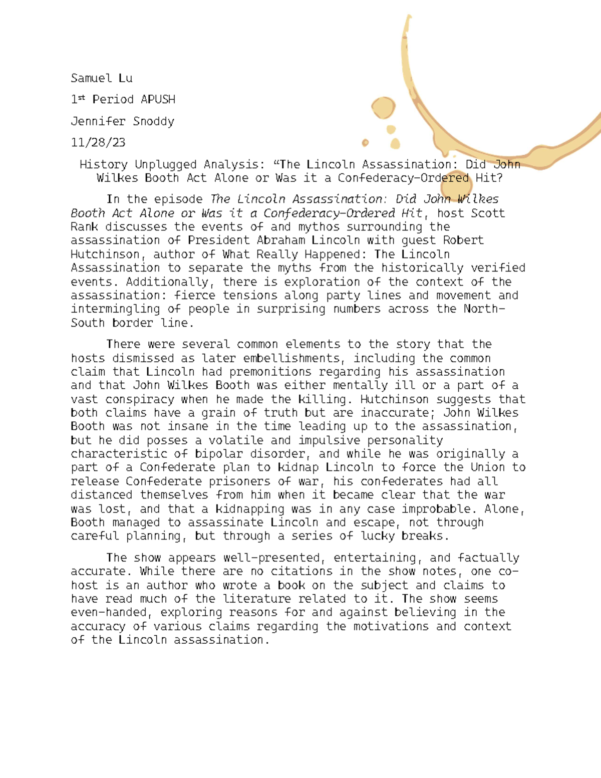History Unplugged Booth Assassination Summary - Samuel Lu 1 st Period ...