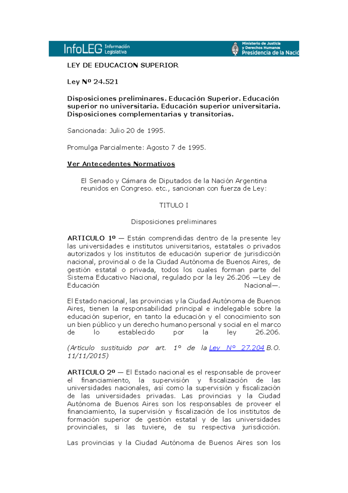 Ley 24.521 de Educación Superior - LEY DE EDUCACION SUPERIOR Ley Nº 24 ...