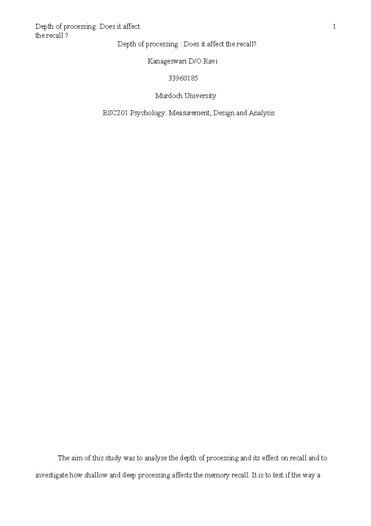 BSC 201 Assignment - Lab report - Depth of processing : Does it affect the recall? Kanageswari D ...