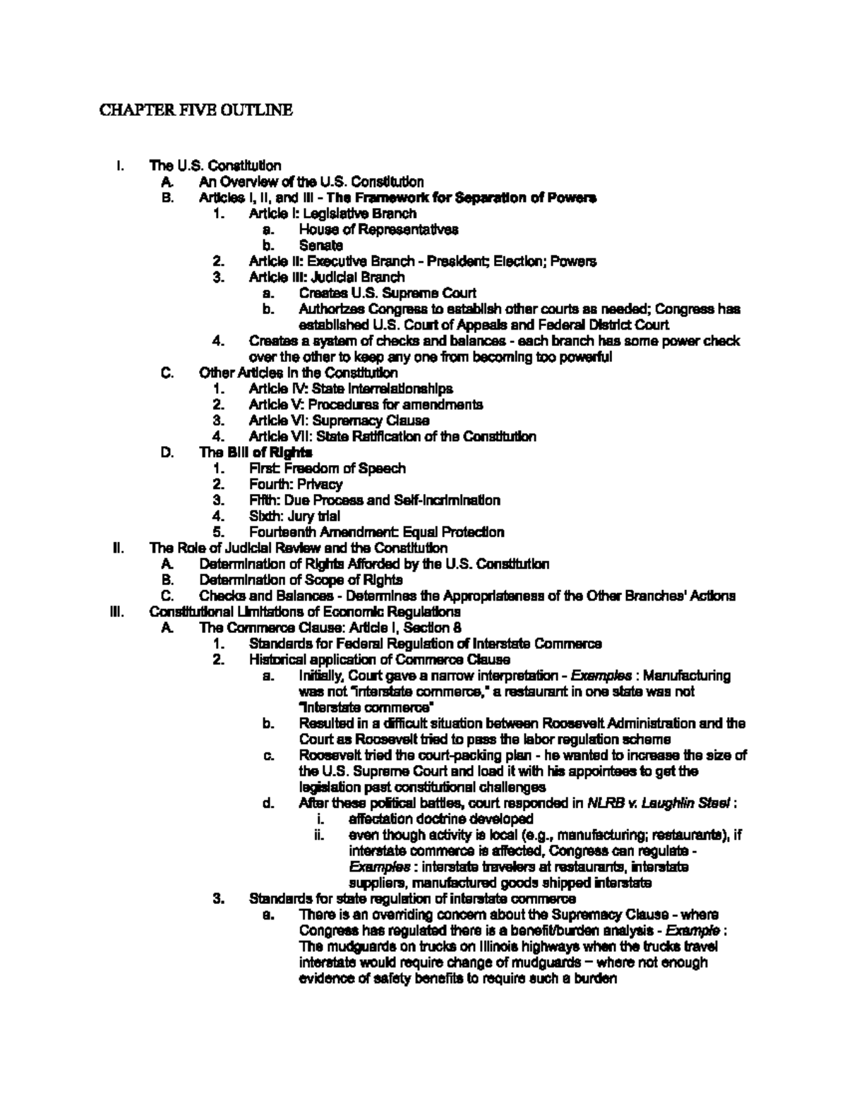 Les submit - exam prep - CHAPTER FIVE OUTLINE I. The U. Constitution A ...