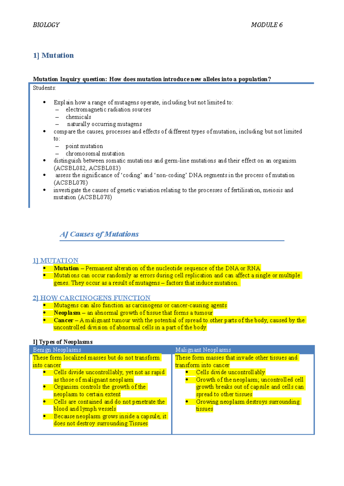 HSC Biology Module 6 - HSC - 1] Mutation Mutation Inquiry question: How ...