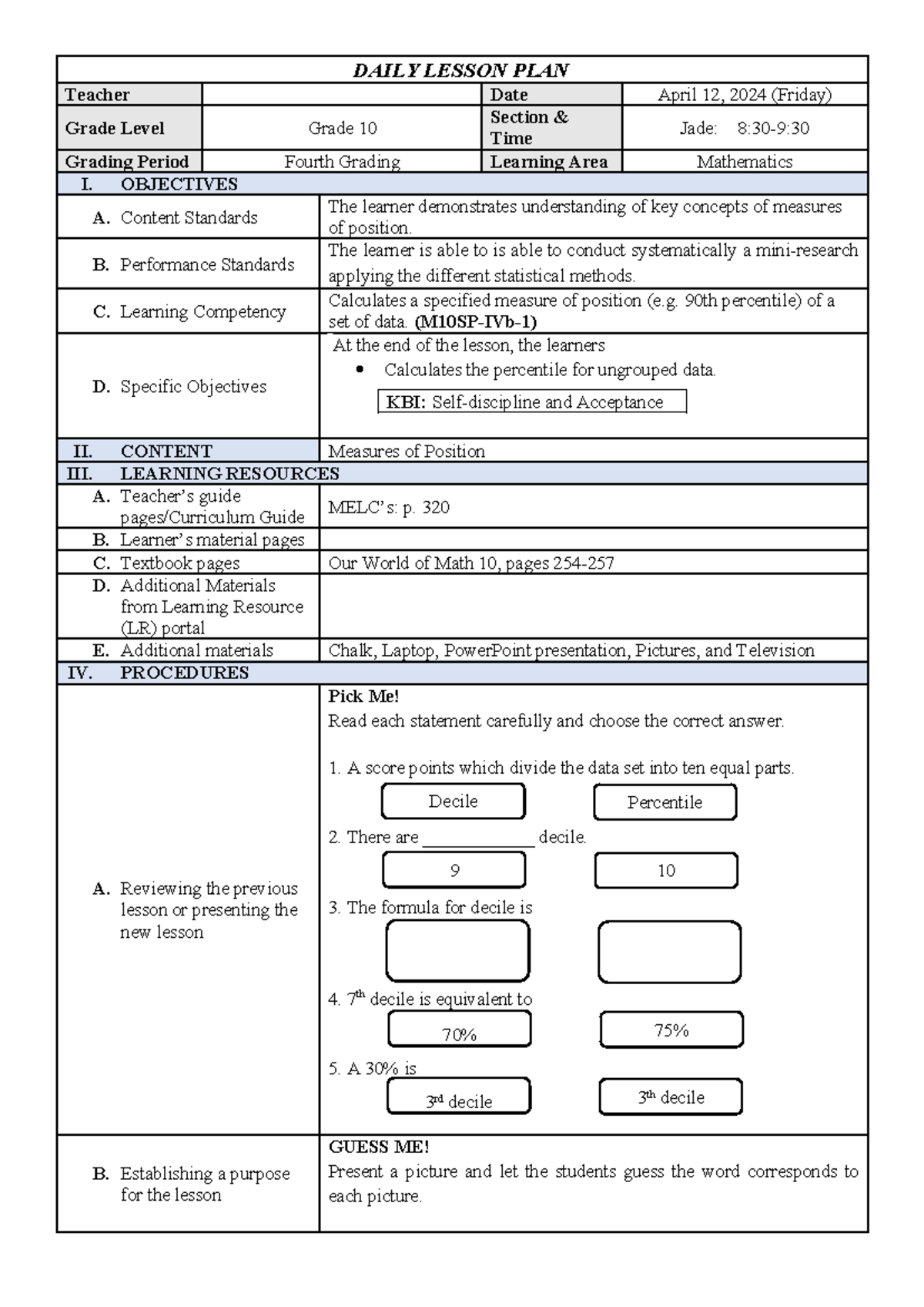 Percentile - Lesson Plan in Mathematics - DAILY LESSON PLAN Teacher Date April 12, 2024 (Friday ...