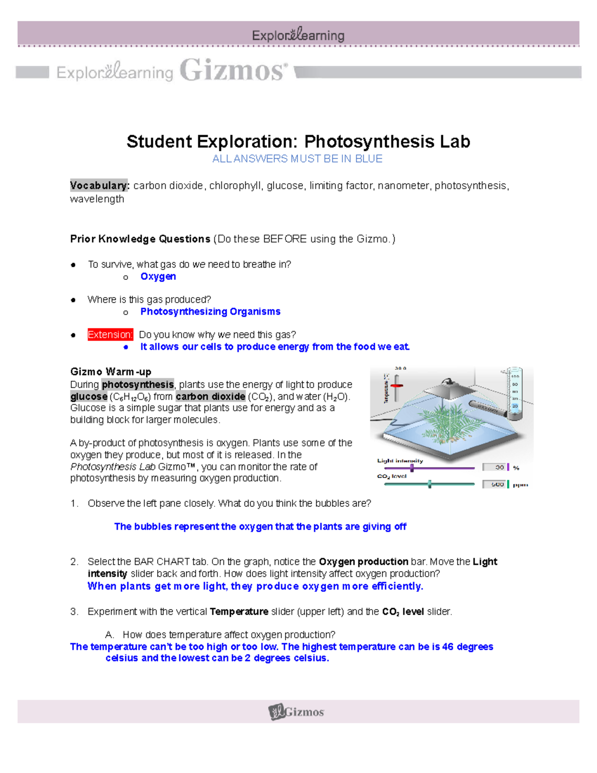 Gizmo Photosynthesis Lab SE - Student Exploration: Photosynthesis Lab ...