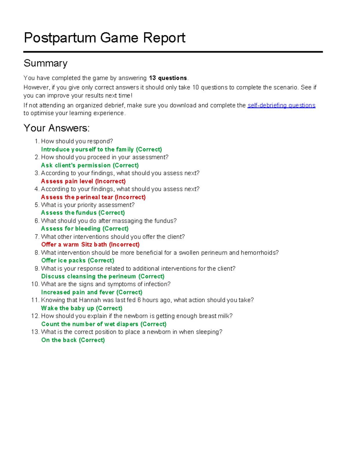 Postpartum game report - Postpartum Game Report Summary You have ...