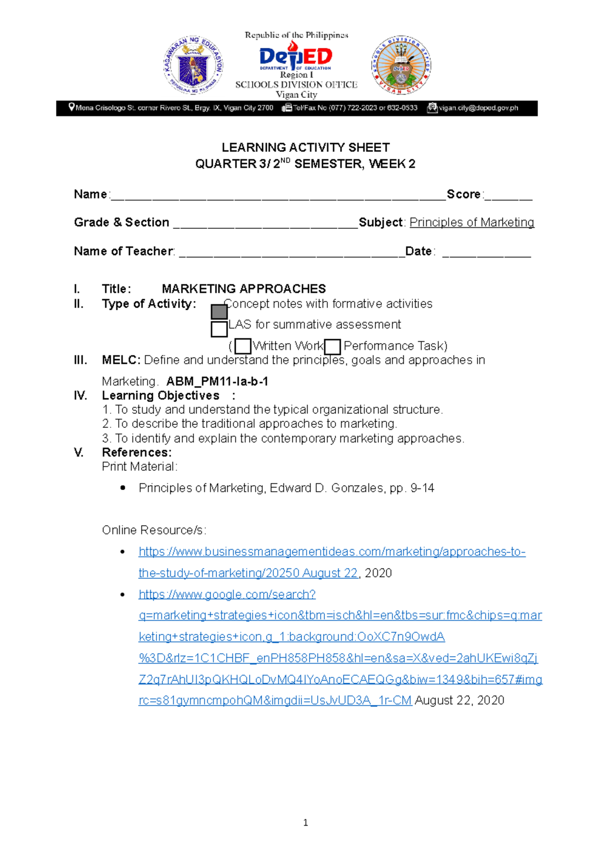 MKTG Concept Notes WEEK2 - LEARNING ACTIVITY SHEET QUARTER 3/ 2ND ...