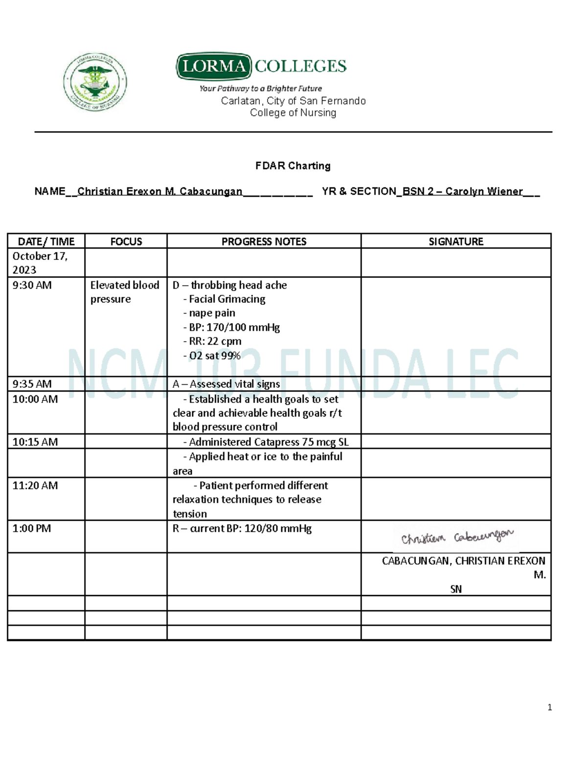 FDAR - for sample only - Carlatan, City of San Fernando College of ...
