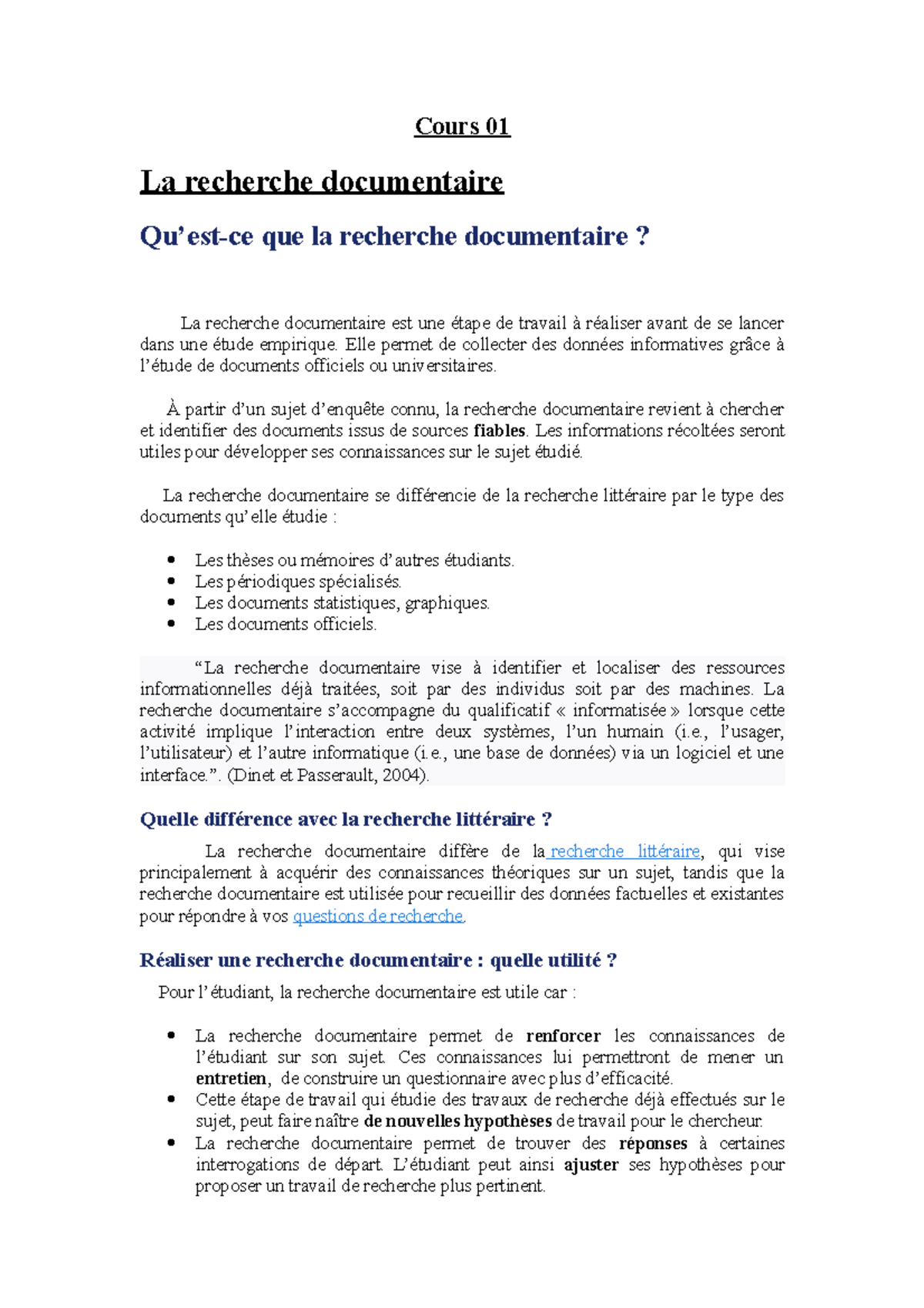 Cours 01 - Cours 01 La recherche documentaire Qu’est-ce que la ...