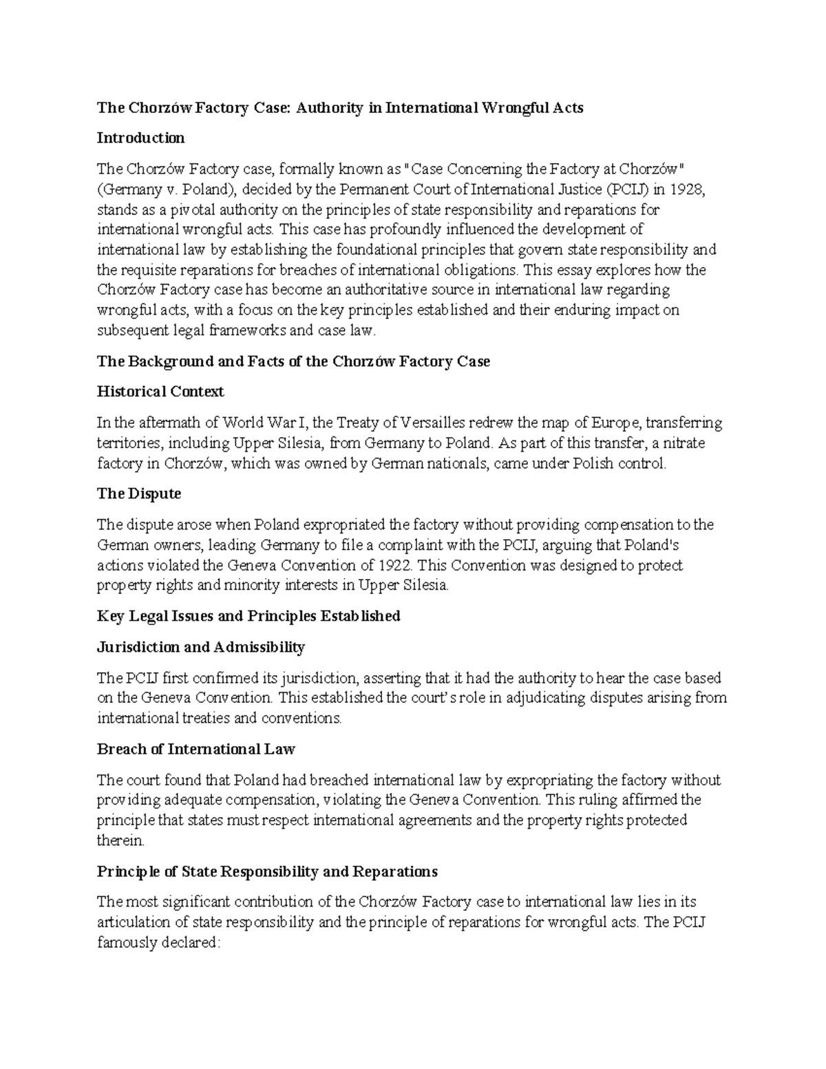 Chorzow Factory Case Law and Its Implications Plus more Related Cases ...