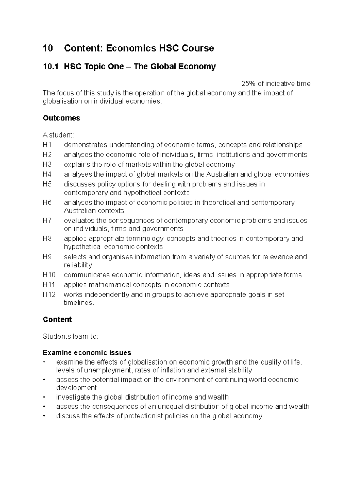 HSC Economic Syllabus - 10 Content: Economics HSC Course 10 HSC Topic ...