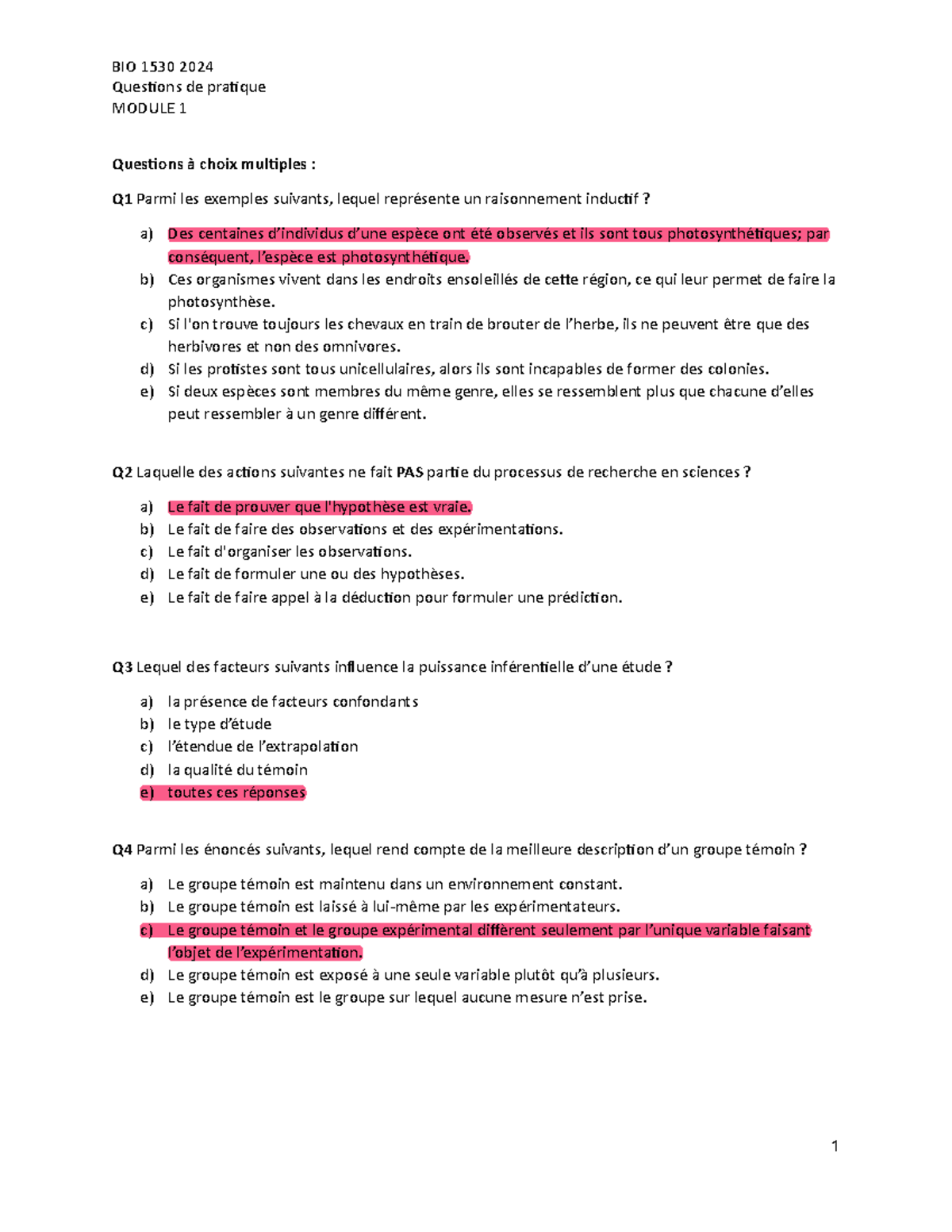 Module 1 Questions de pratique - BIO 1530 2024 Questions de pratique ...
