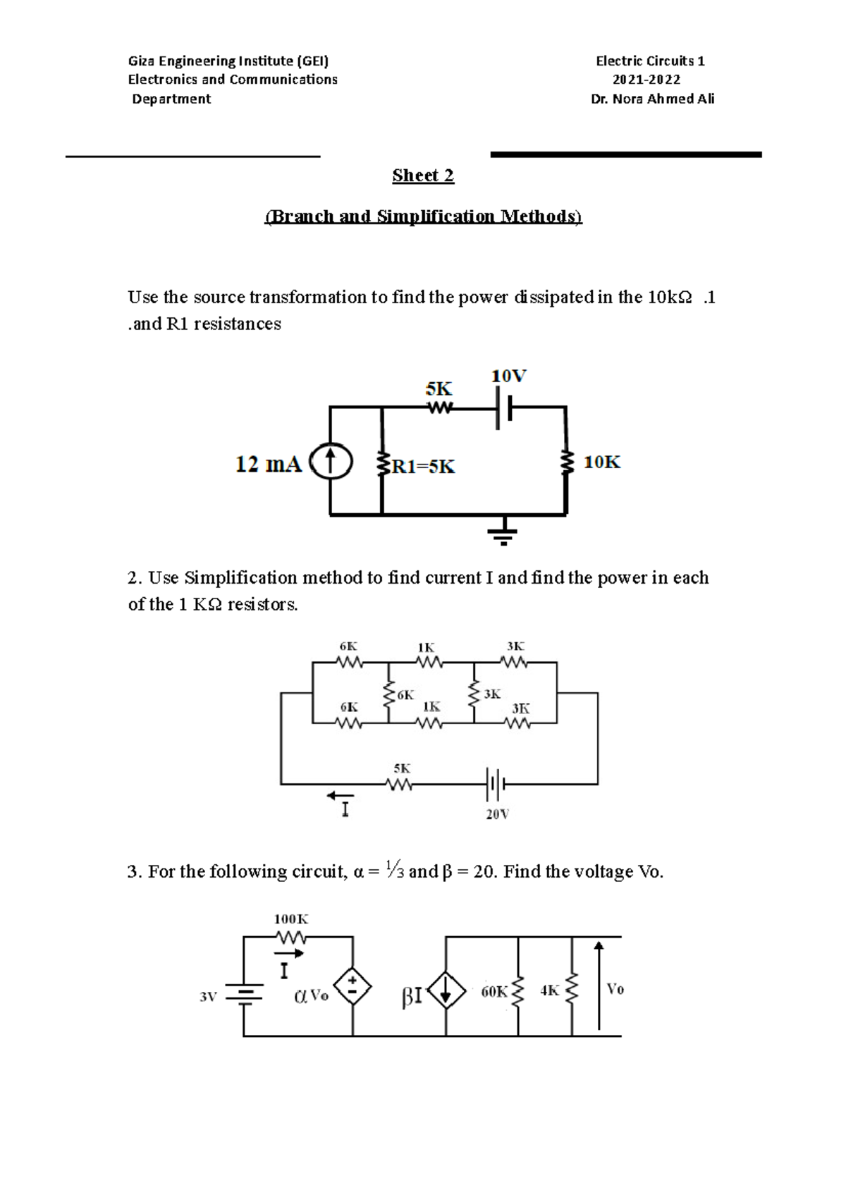 Sheet DC circuit part(2) - Giza Engineering Institute (GEI) Electric ...