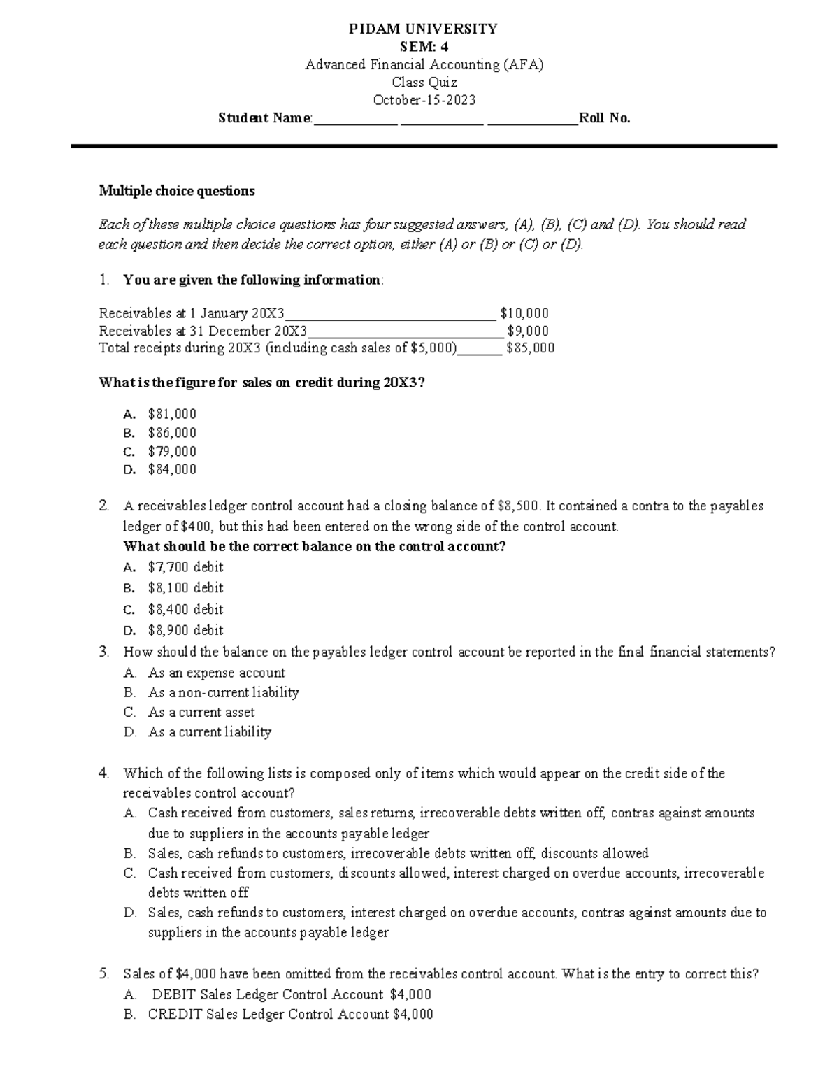 Class QUIZ ONE - these assignments are essential for business - PIDAM ...
