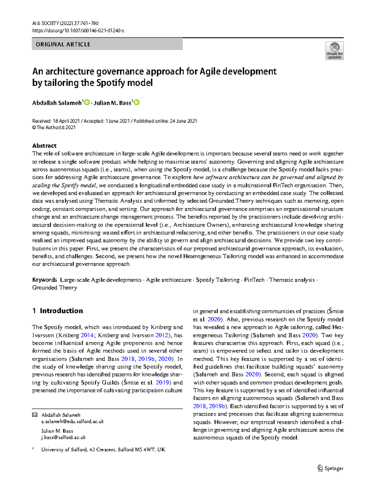 Agile x spotify - Vol.:(0123456789)1 3 doi/10.1007/s00146-021-01240-x ...