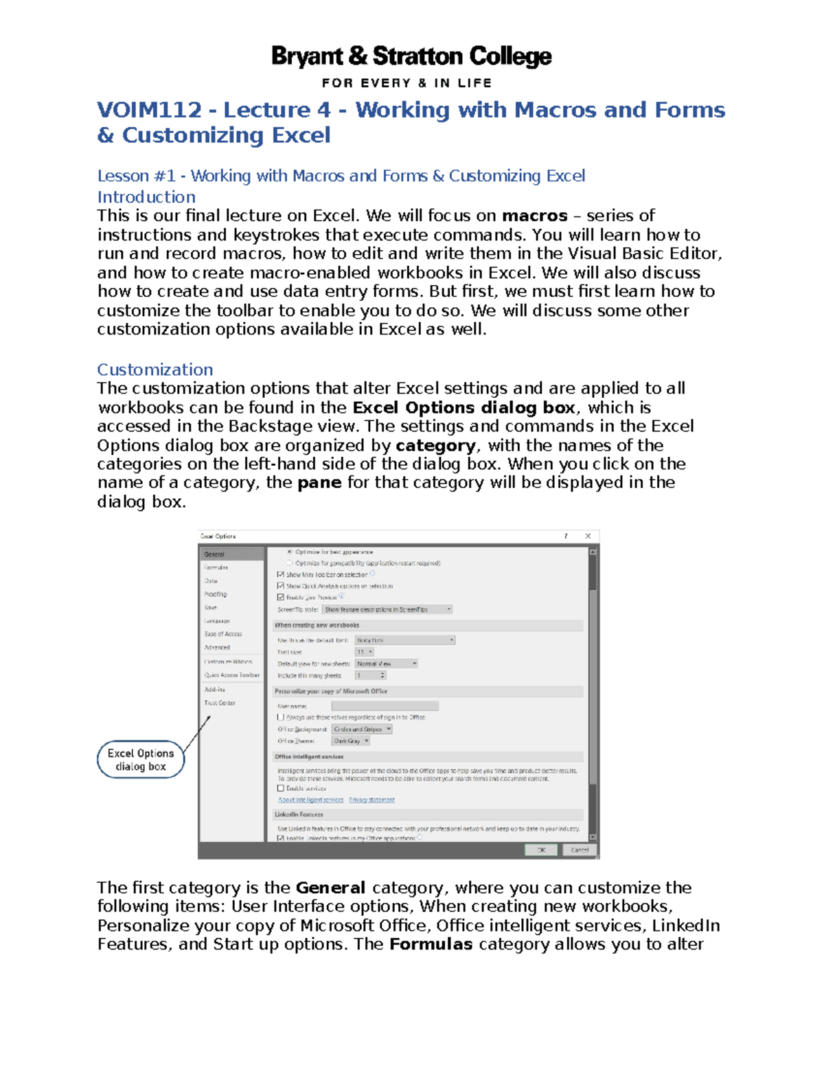 Voim112 Lecture 4 Working With Macros And Forms And Customizing Excel We Will Focus On