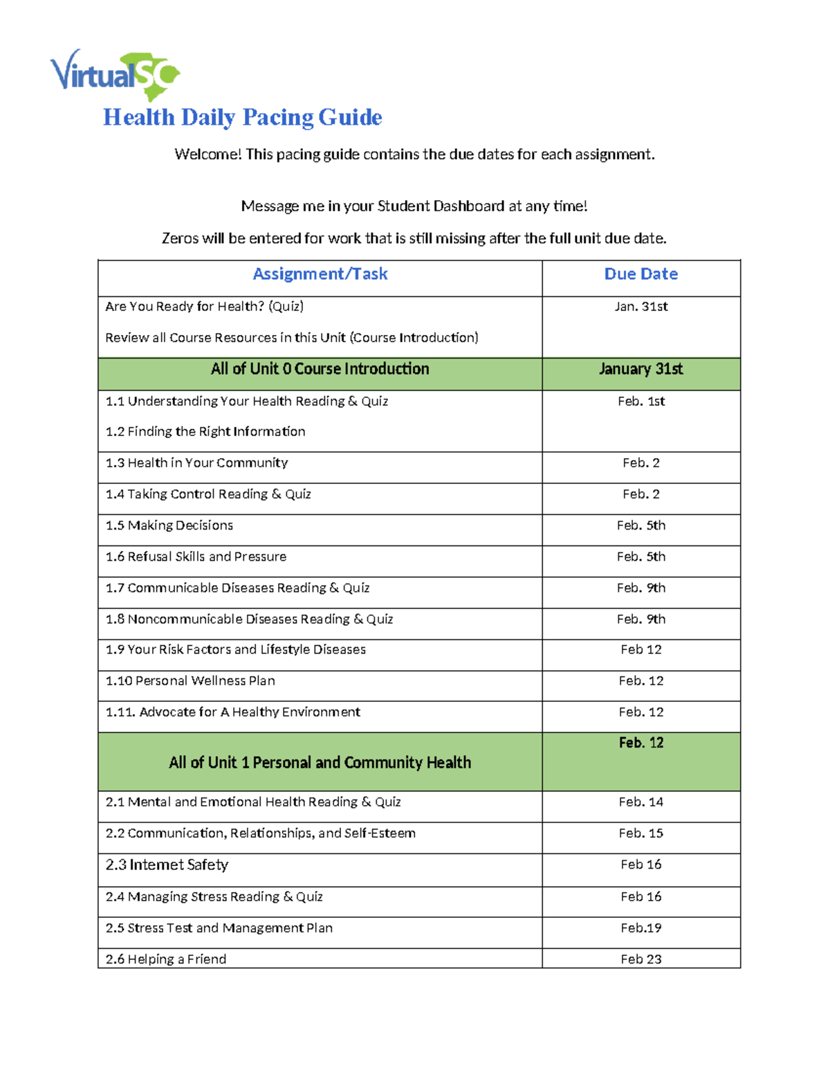 Pacing Guide Health Spring 2024 - Health Daily Pacing Guide Welcome ...