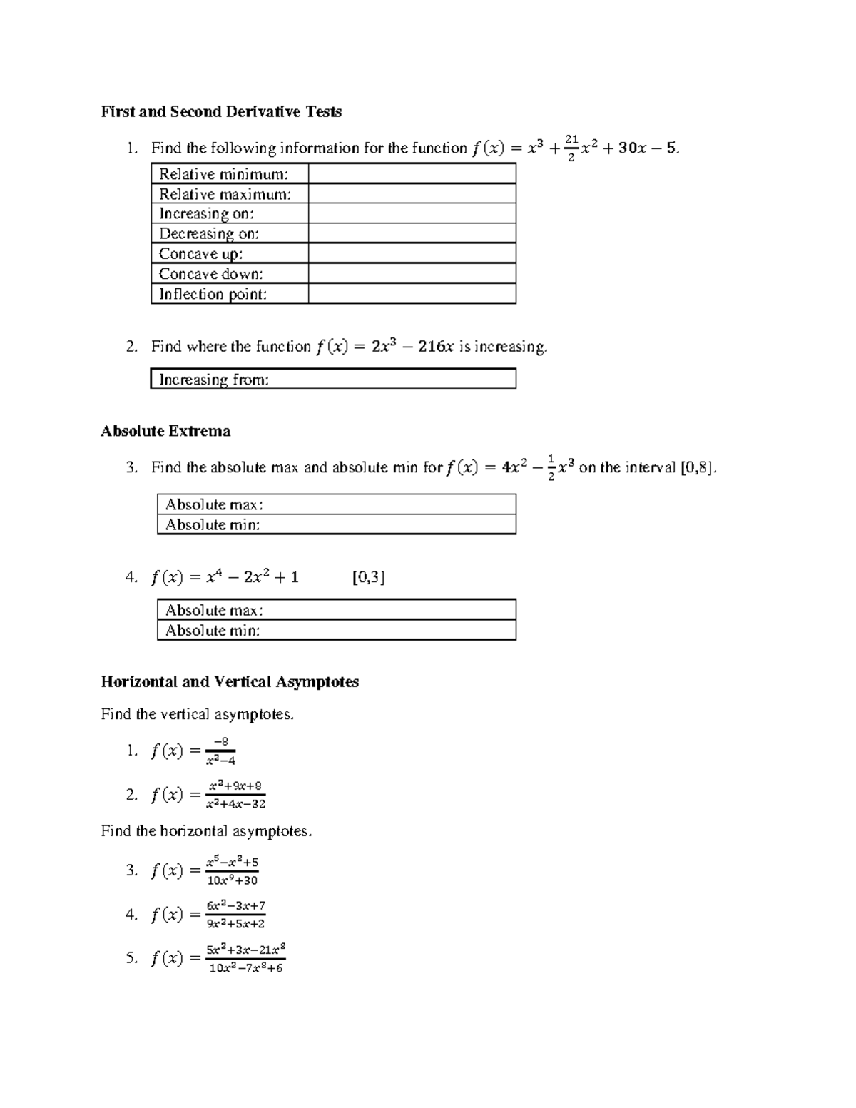 Exam 2 review session - First and Second Derivative Tests 1. Find the ...