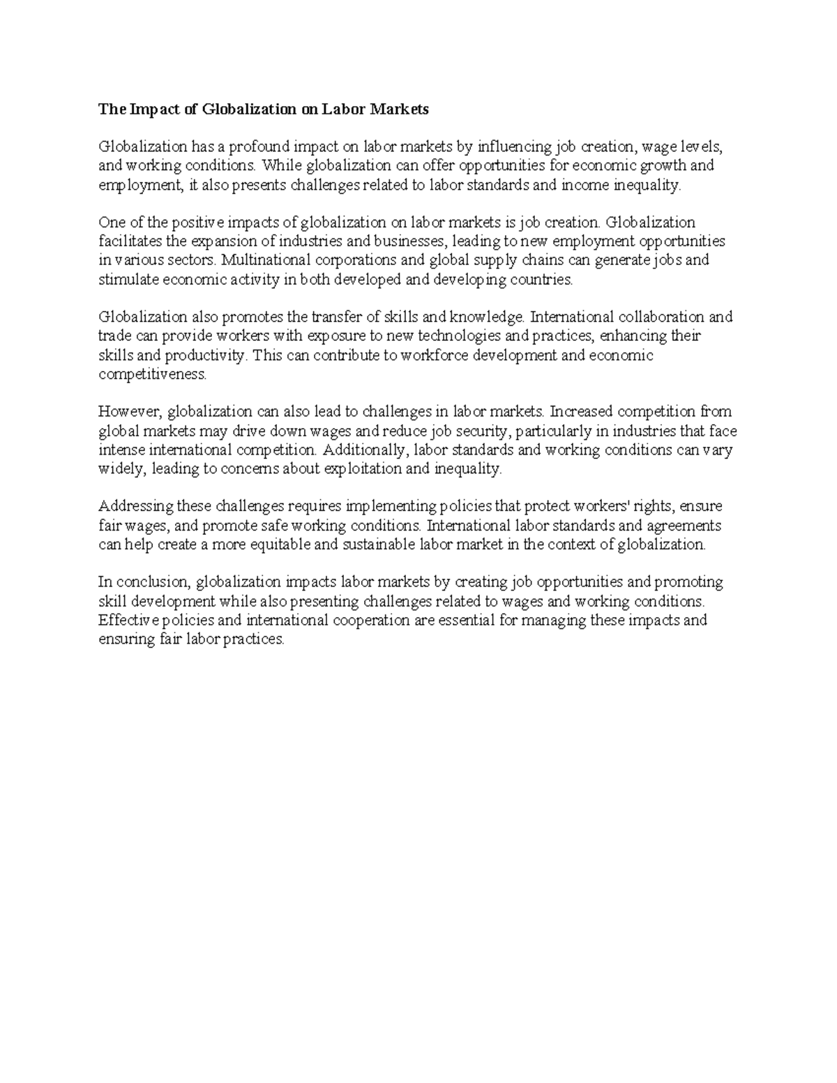 The Impact of Globalization on Labor Markets - The Impact of ...