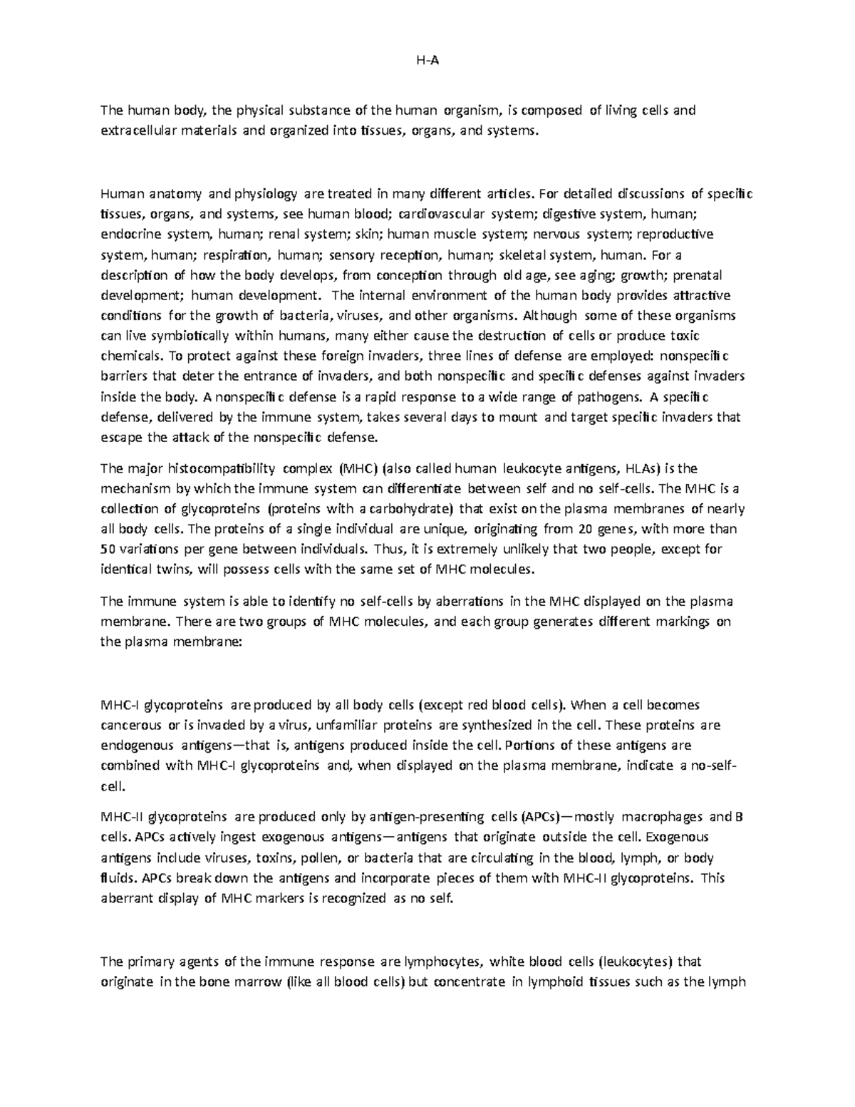 H-A 2 - SUMMARIES - H-A The human body, the physical substance of the ...